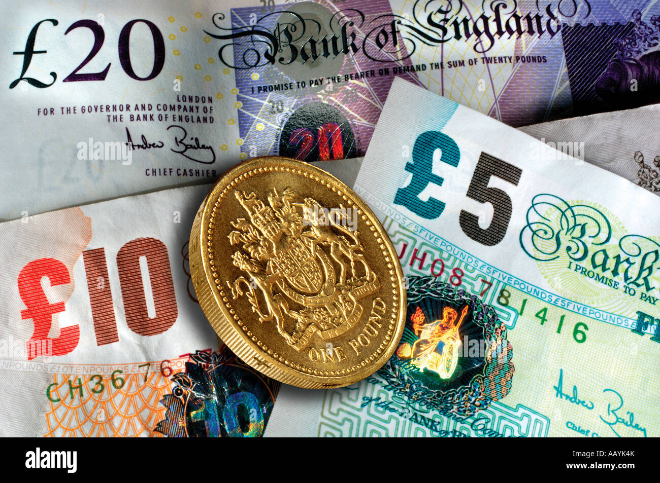 UK Pound Sterling banknote currency with one Pound coin Stock Photo - Alamy