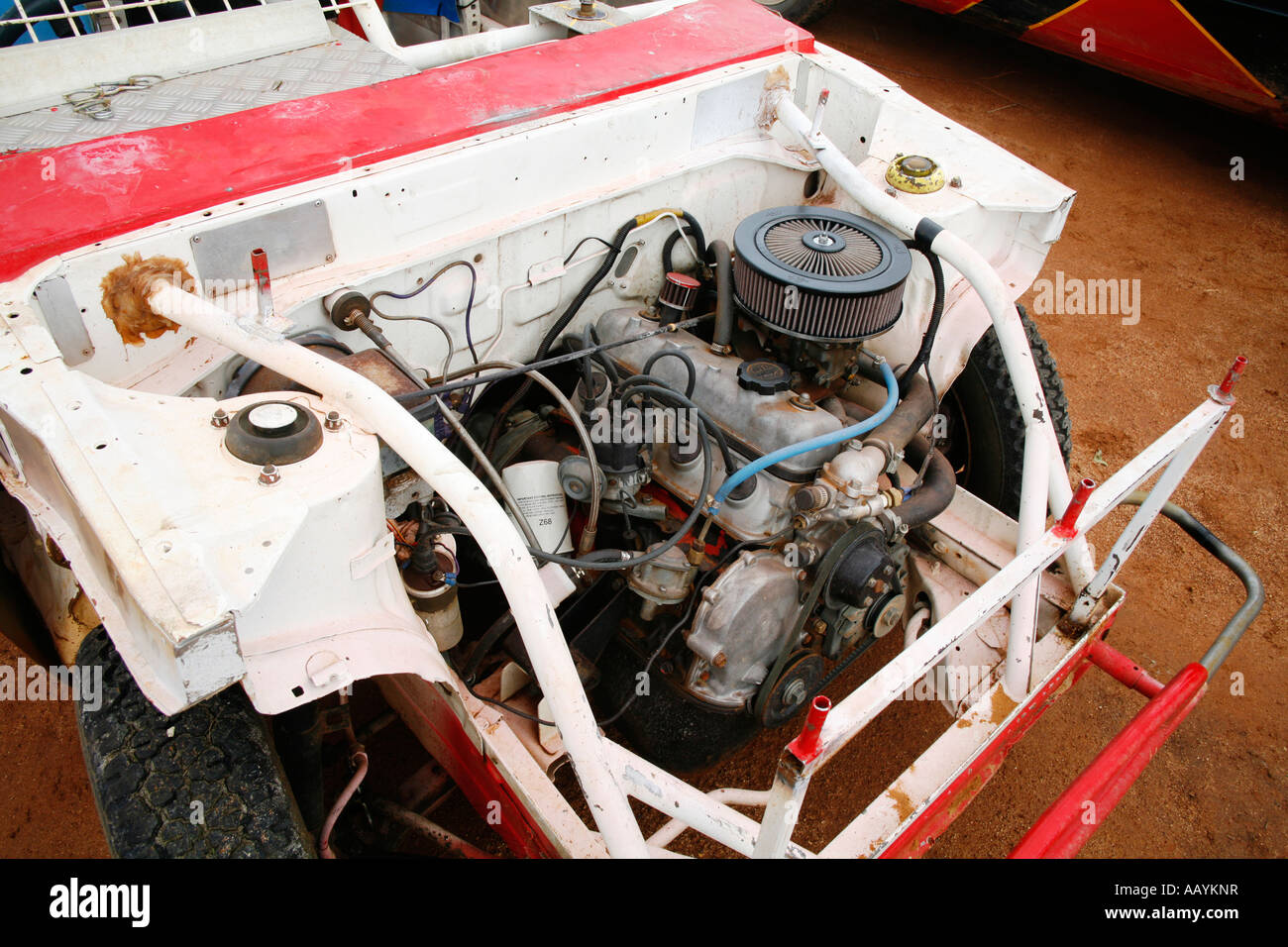 Speedway race car engine nestled in the front chassis rails of a ...