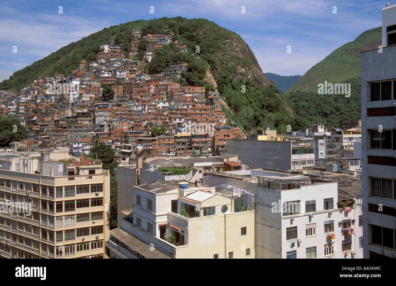 Contrast between middle class buildings in Copacabana in Rio de Janeiro ...
