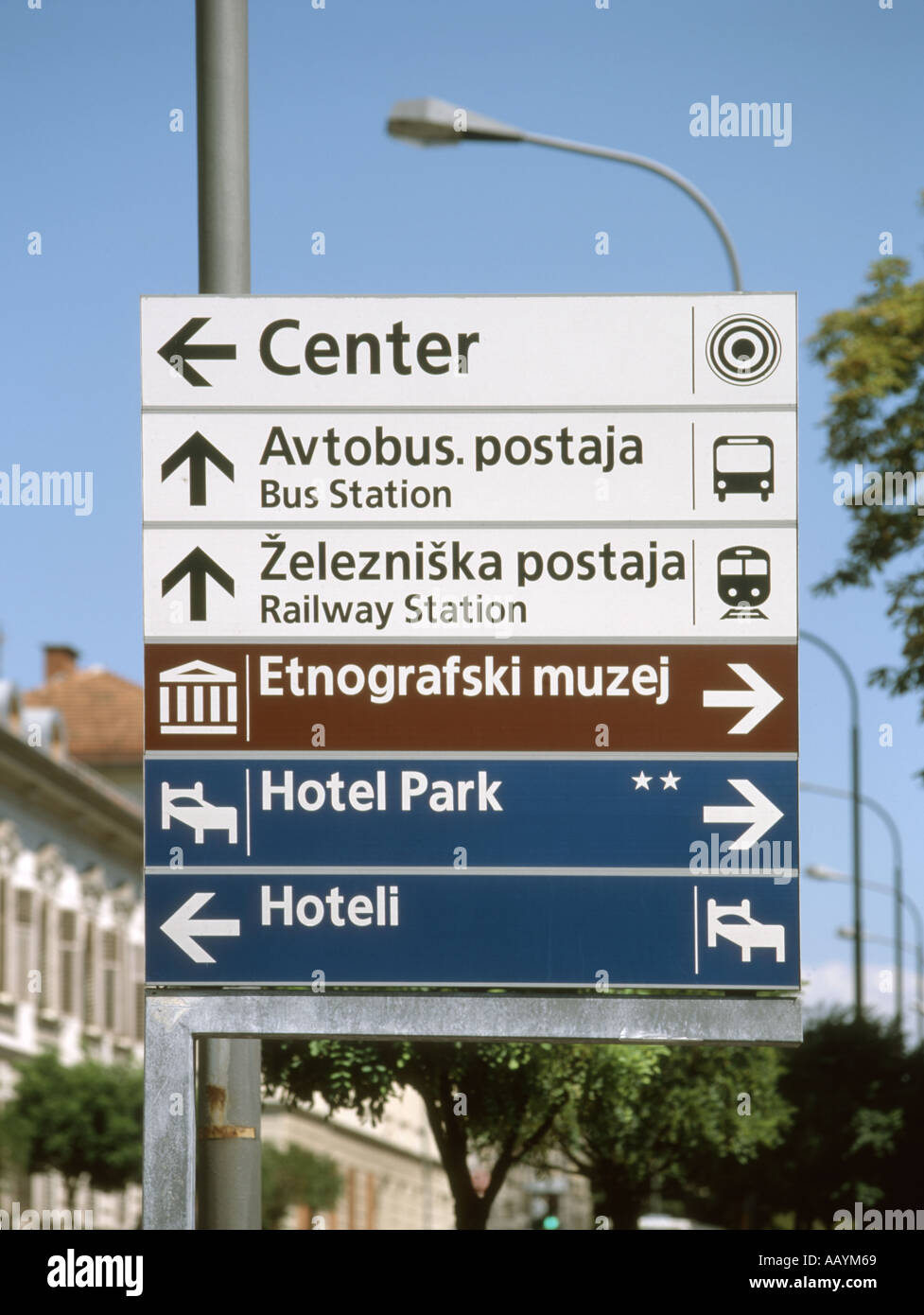 Ljubljana, Slovenia. Road Sign showing Centre Bus and Train Stations ...