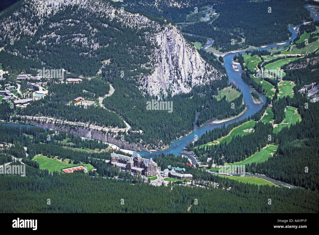 View of Banff Springs Hotel and golf course from Sulphur Mountain ...