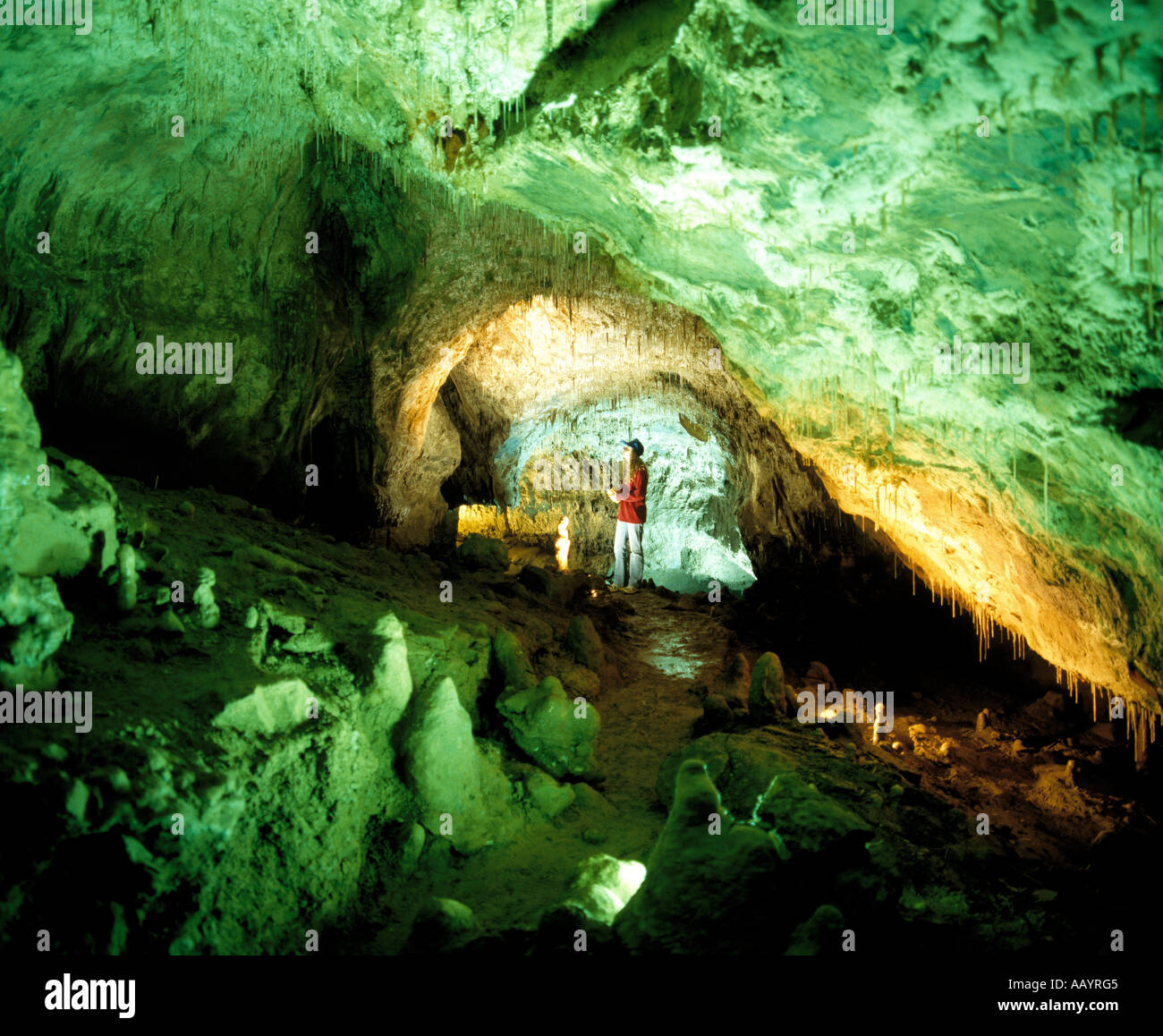 ireland county kerry, crag caves, , girl dressed in red stands in the ...