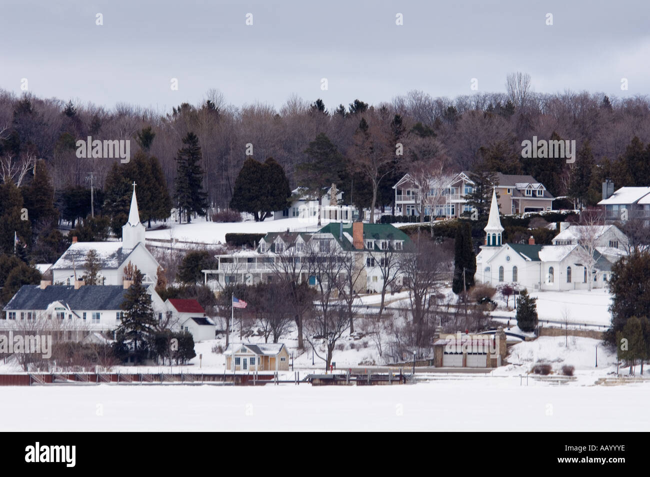 Town of Ephraim Blanketed in New Snow Overlooking a Frozen Green Bay on ...
