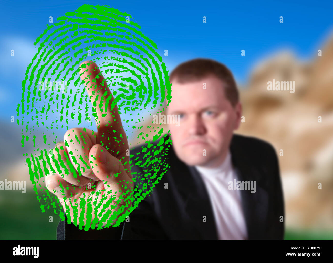 Identity. A man pressing a button with a fingerprint superimposed Stock ...