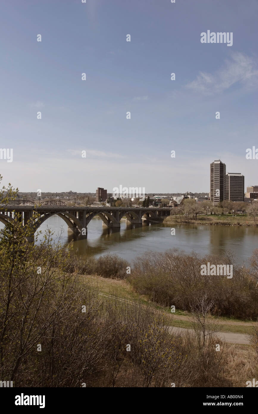 Saskatoon skyline and the south saskatchewan river hi-res stock ...