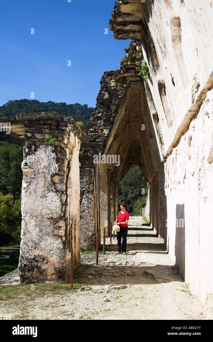 Tourist at El Palacio, The Palace, Palenque Archaeological Site ...