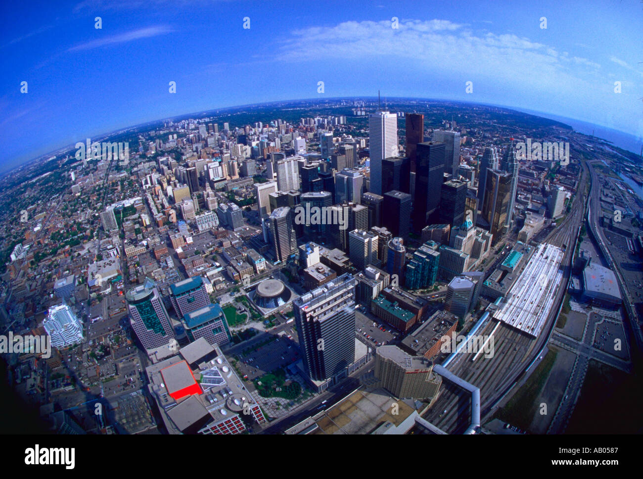Fish eye aerial view of downtown Toronto Ontario Canada during the day ...