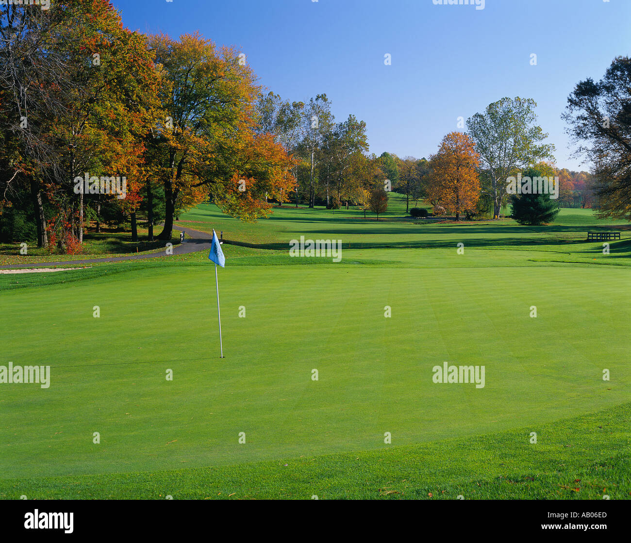 A light blue flag on a white pole marks the location of the hole on a ...
