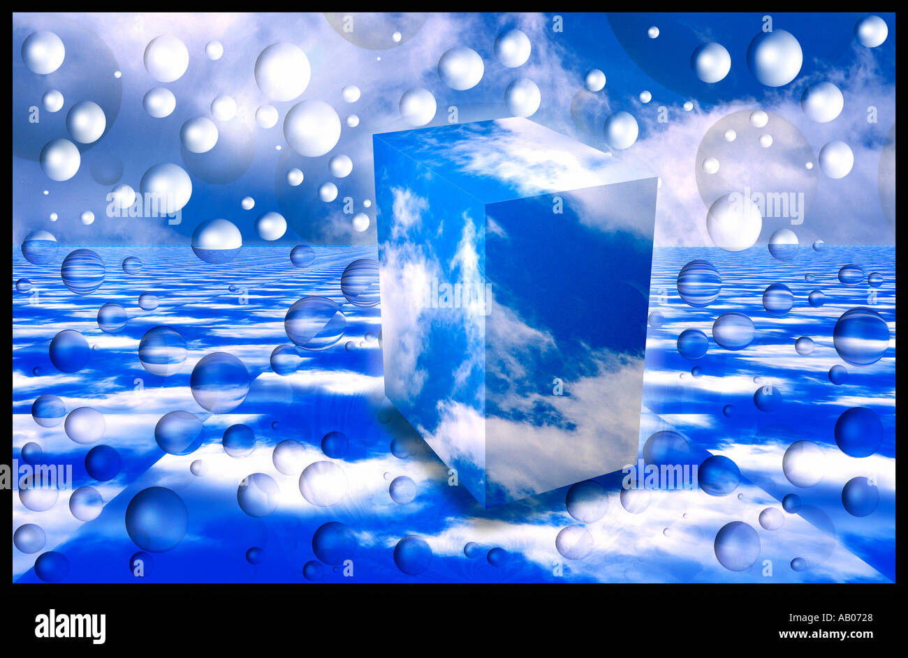 Graphic image of water drops floating through a blue sky with clouds ...