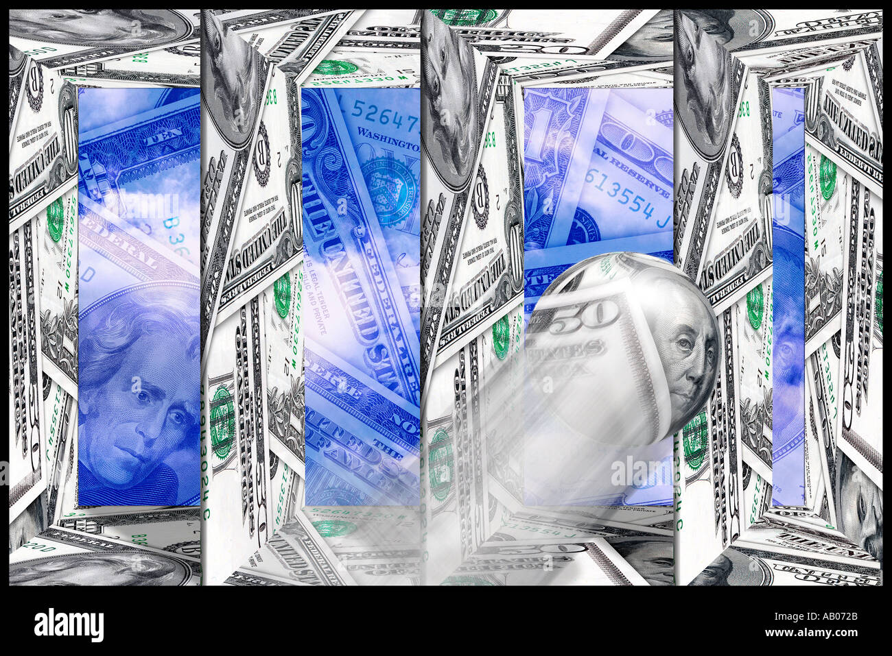Graphic image of a ball of money bouncing through columns made of money ...