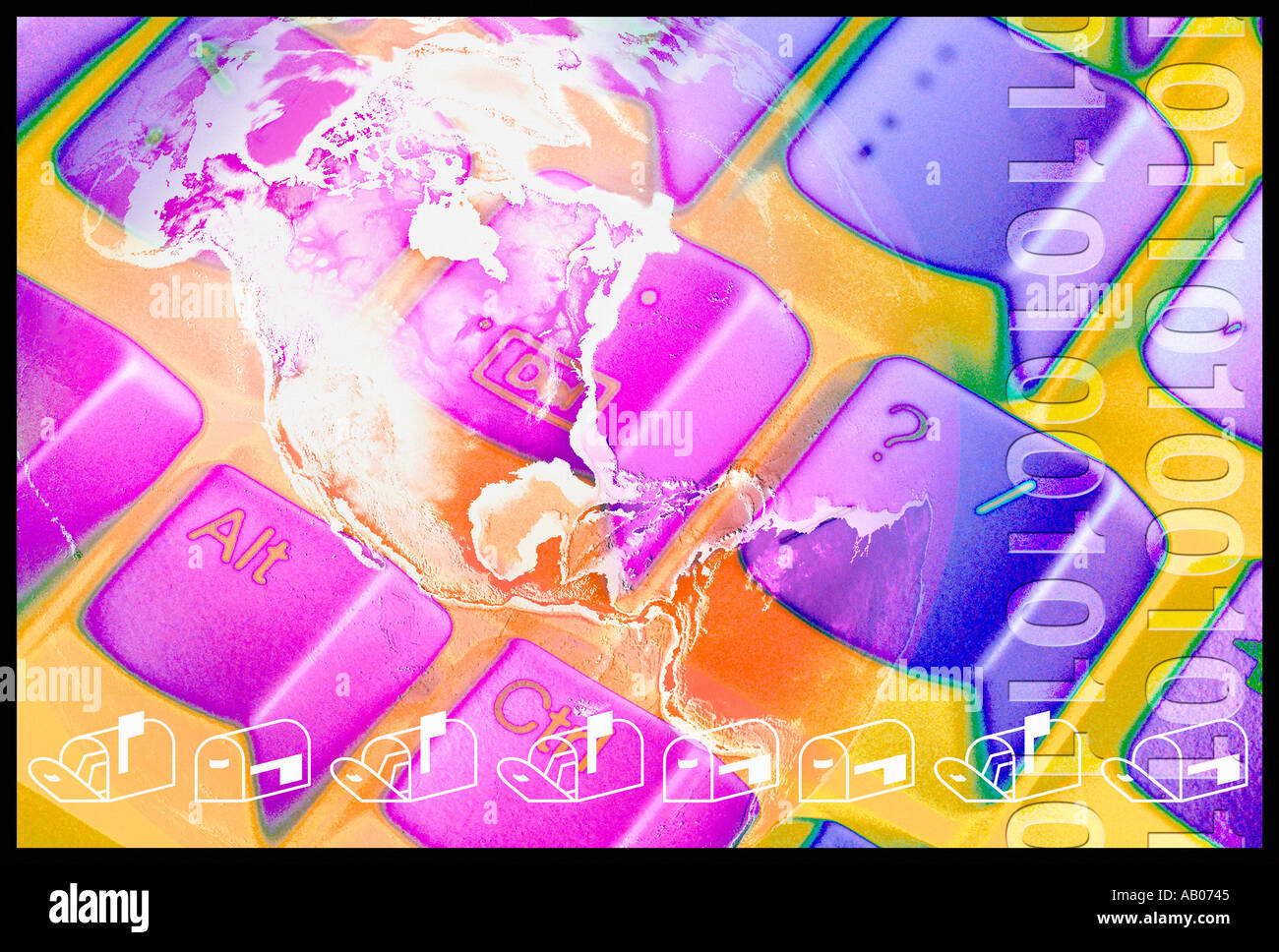 Montage of purple and yellow computer keyboard with image of the earth ...