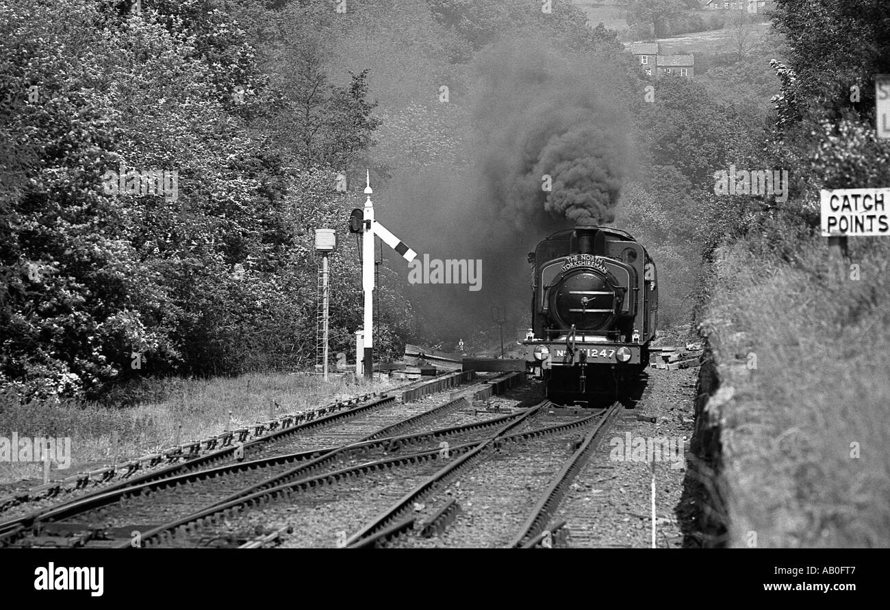 Steam engine and train making smoke as it pulls up the incline into ...