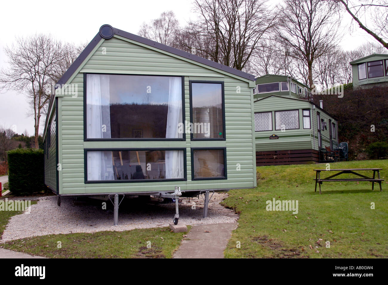 Modern large residential caravan positioned on a site in Cumbria Stock ...