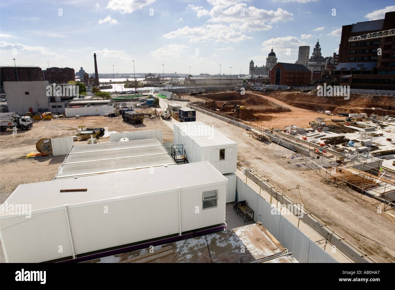 Urban construction site with cabins, redeveloping an inner city centre ...