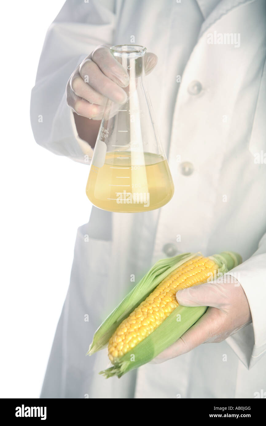 Person in lab coat holds corn and beaker of liquid Stock Photo - Alamy