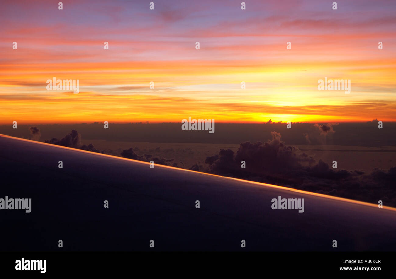 Sunrise over Sri Lanka (Ceylon) during final approach (aerial), Colombo ...