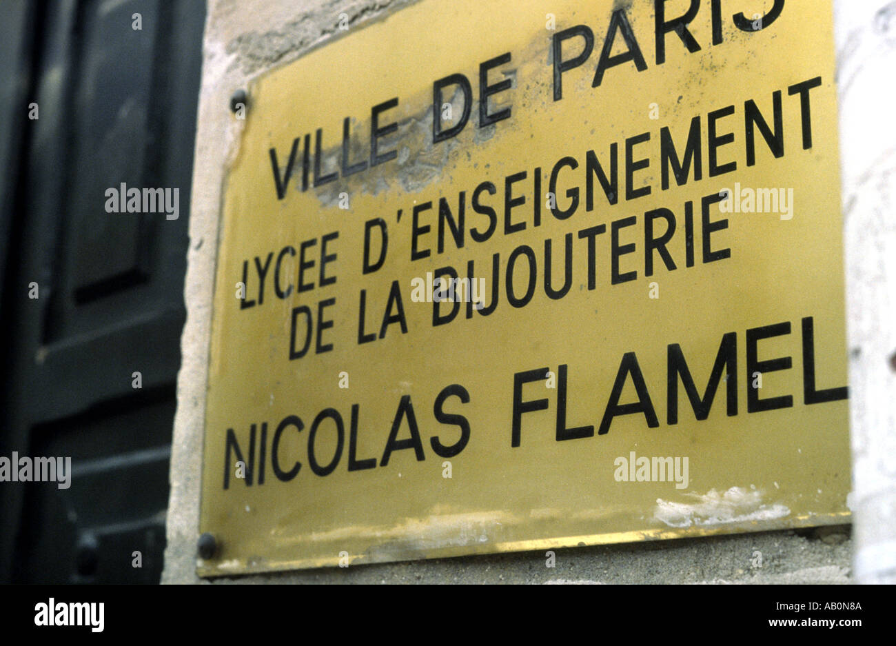 Plaque featuring the name of Nicholas Flammel in Paris France Stock ...
