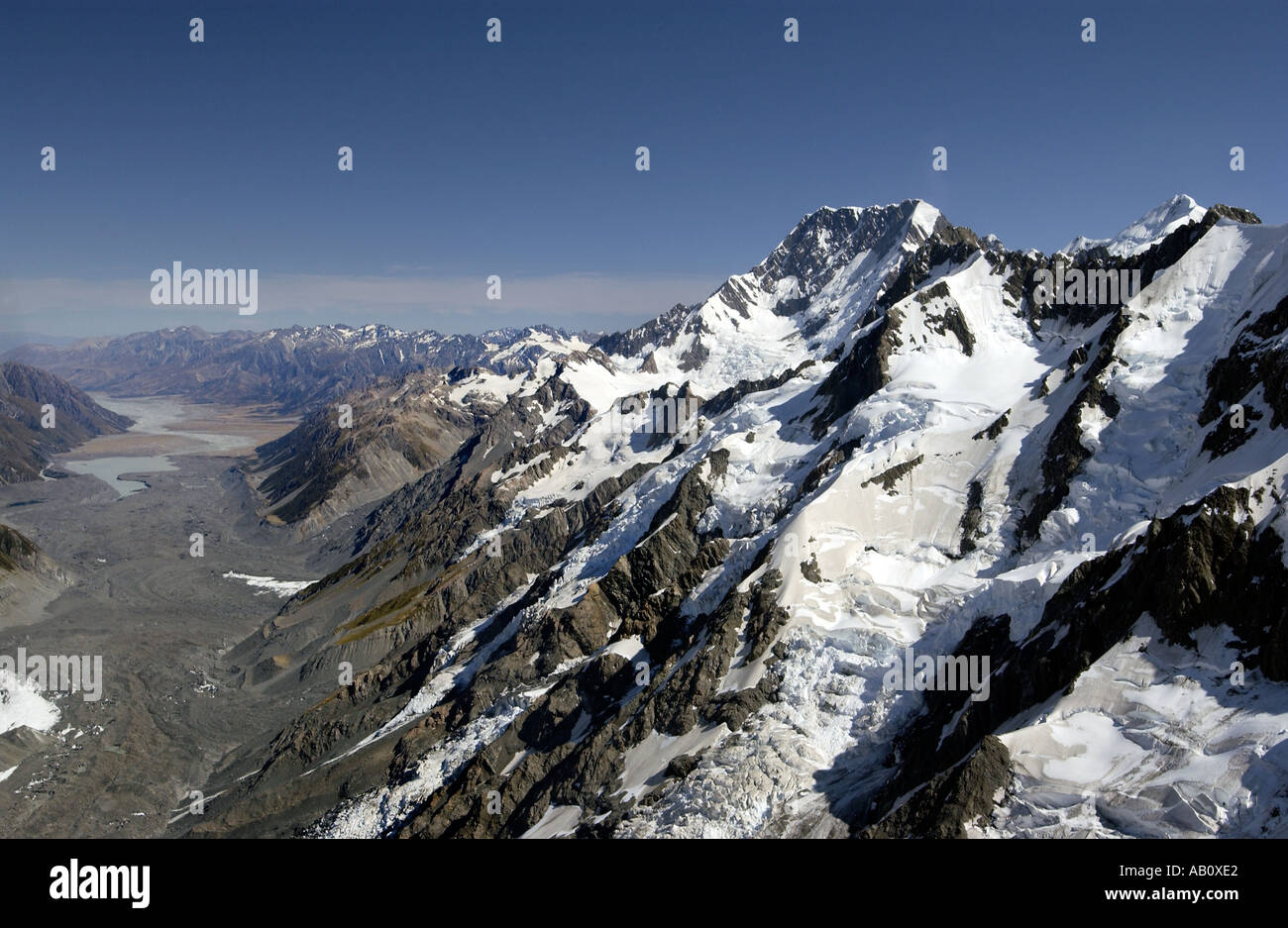 Aerial view of Mt Cook and The Southern Alps on the South Island of New ...