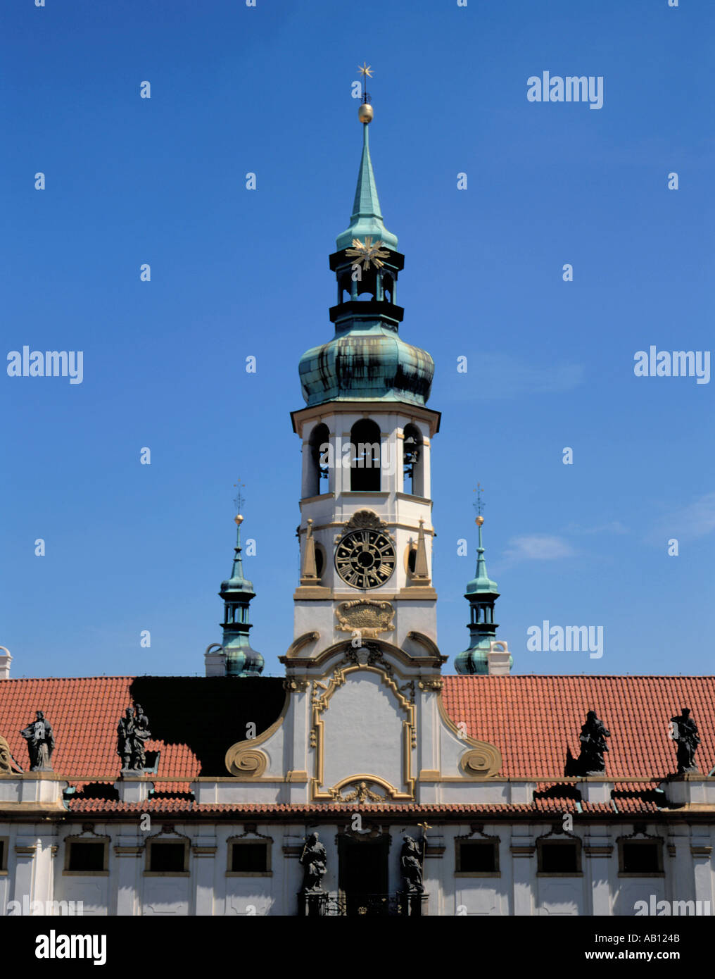 Picturesque clock tower, with onion shaped spire, of the Baroque ...