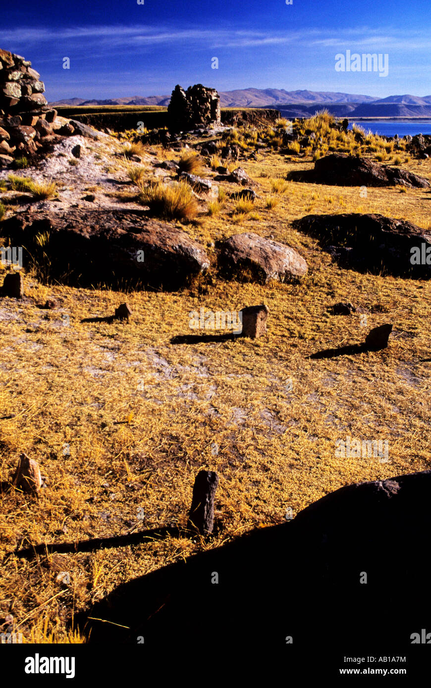 Incan funerary towers chullpas of the Colla people on Lake Umayo near ...