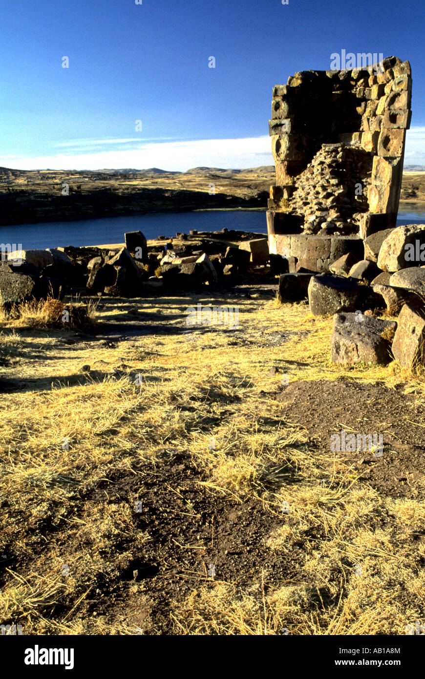 Incan funerary towers chullpas of the Colla people on Lake Umayo near ...