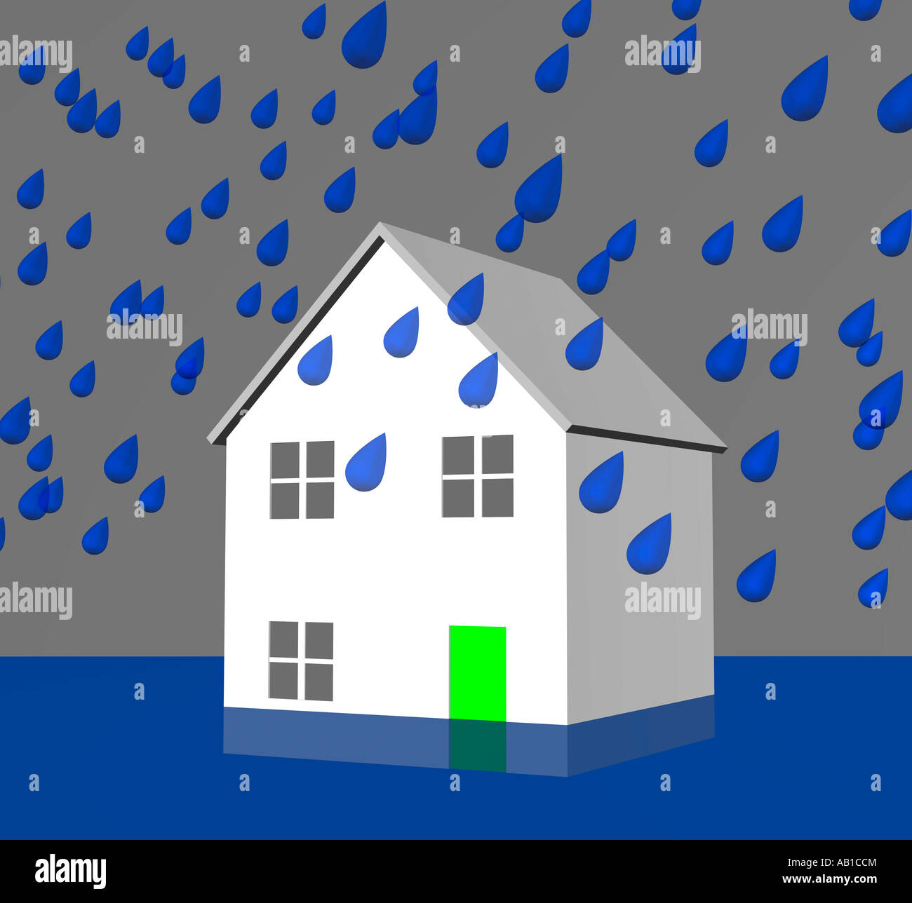 CGI image showing house in flood water and rain drops falling Stock ...