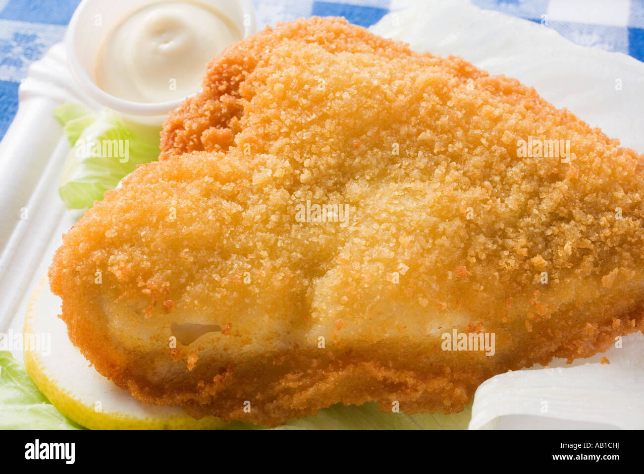 Breaded fish fillet with mayonnaise close up FoodCollection Stock Photo ...