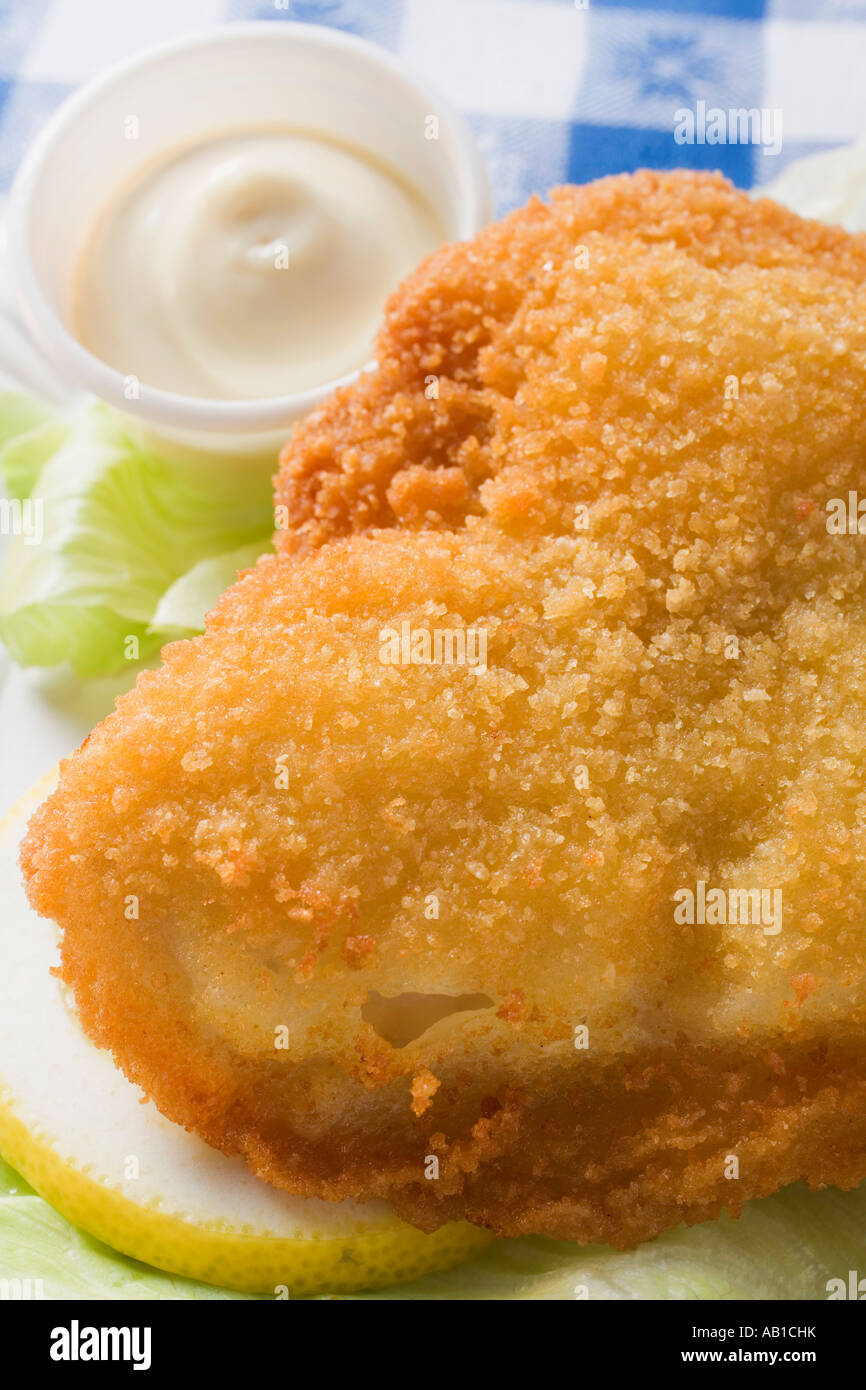 Breaded fish fillet with mayonnaise close up FoodCollection Stock Photo ...