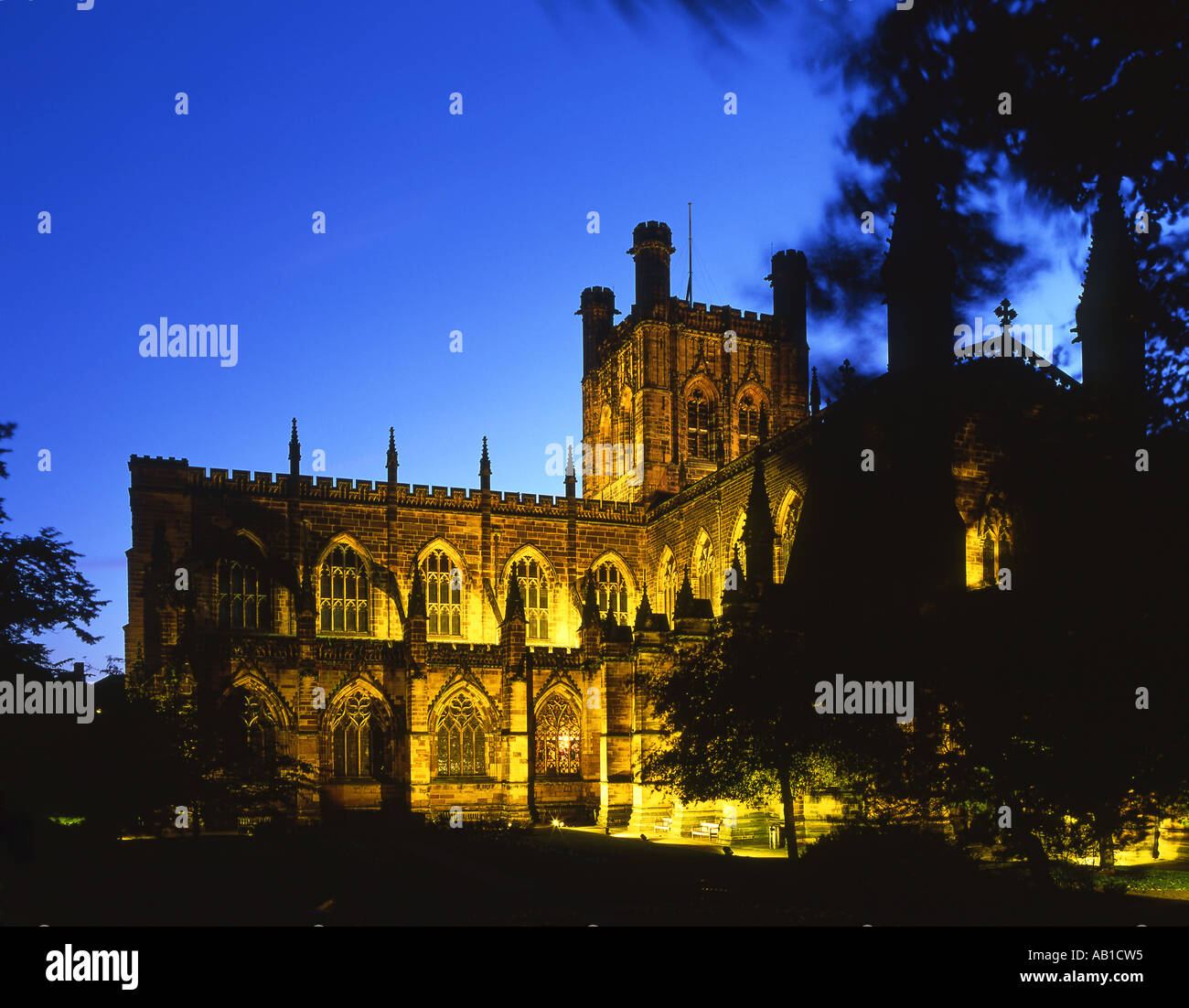 Chester Cathedral at Night Seen from the City Walls, Chester, Cheshire ...