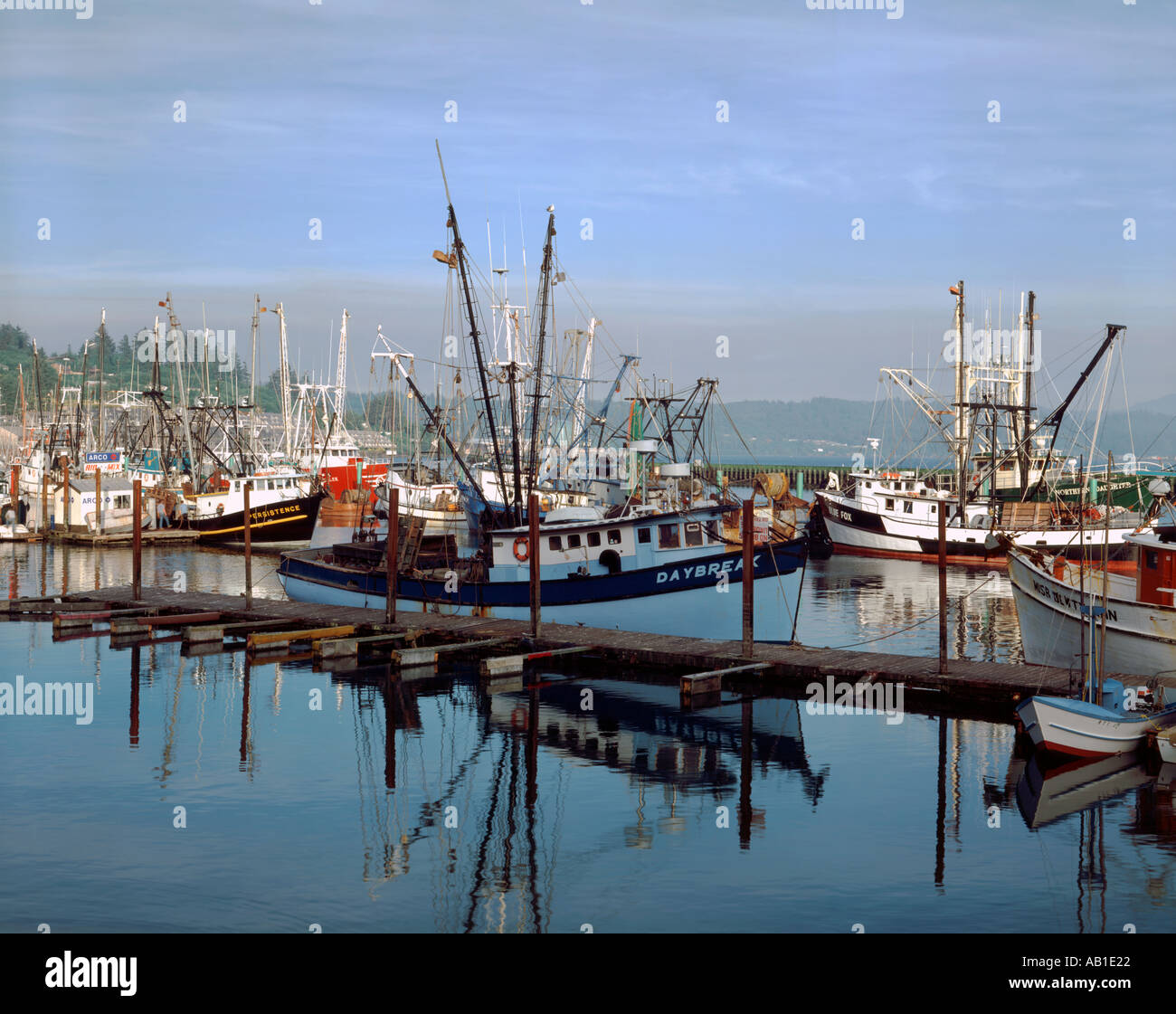 Newport Oregon showing the calm harbor filled with commercial fishing ...