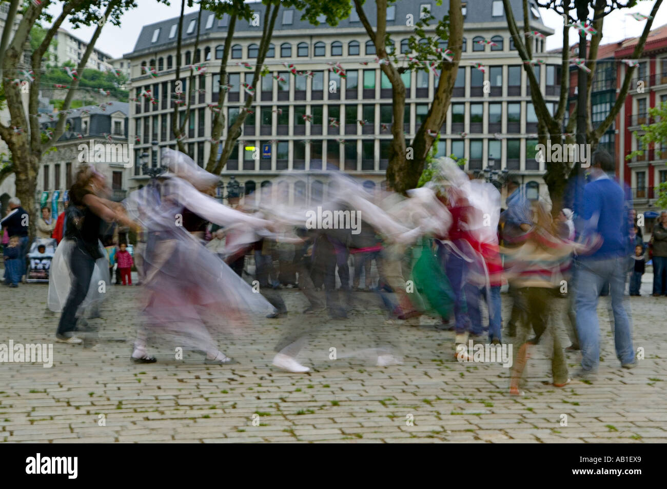 Group of Basque people perform traditional folk dance, Plaza Arenal ...