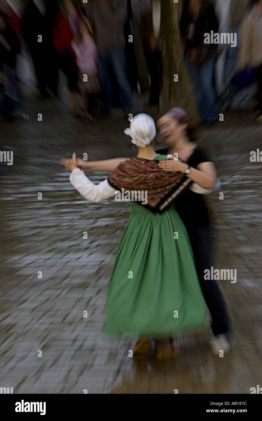 Two women perform a Basque folk dance in Plaza Arenal, Bilbao Pais ...