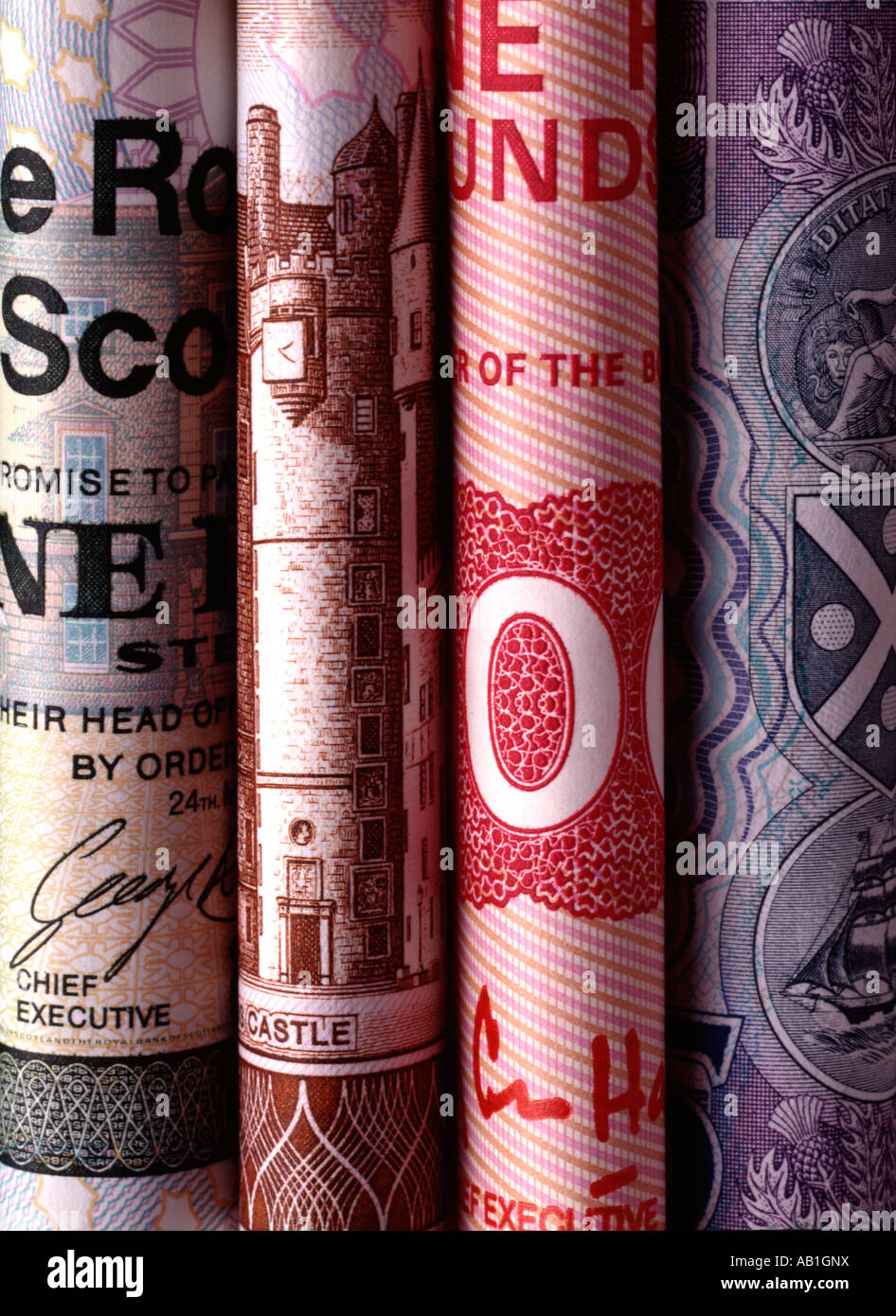 Rolled notes detail of 5 10 50 and 20 notes Scottish bank notes Stock ...