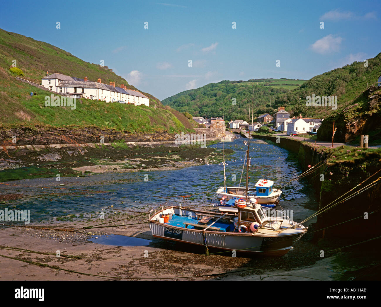 Cornwall Boscastle boats moored at Tudor Harbour wall Stock Photo - Alamy