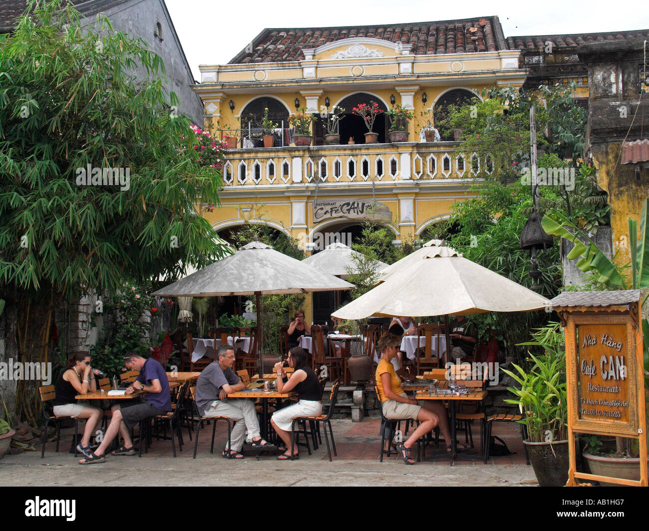 Outdoor dining is a popular in Hoi An colonial historic town mid ...