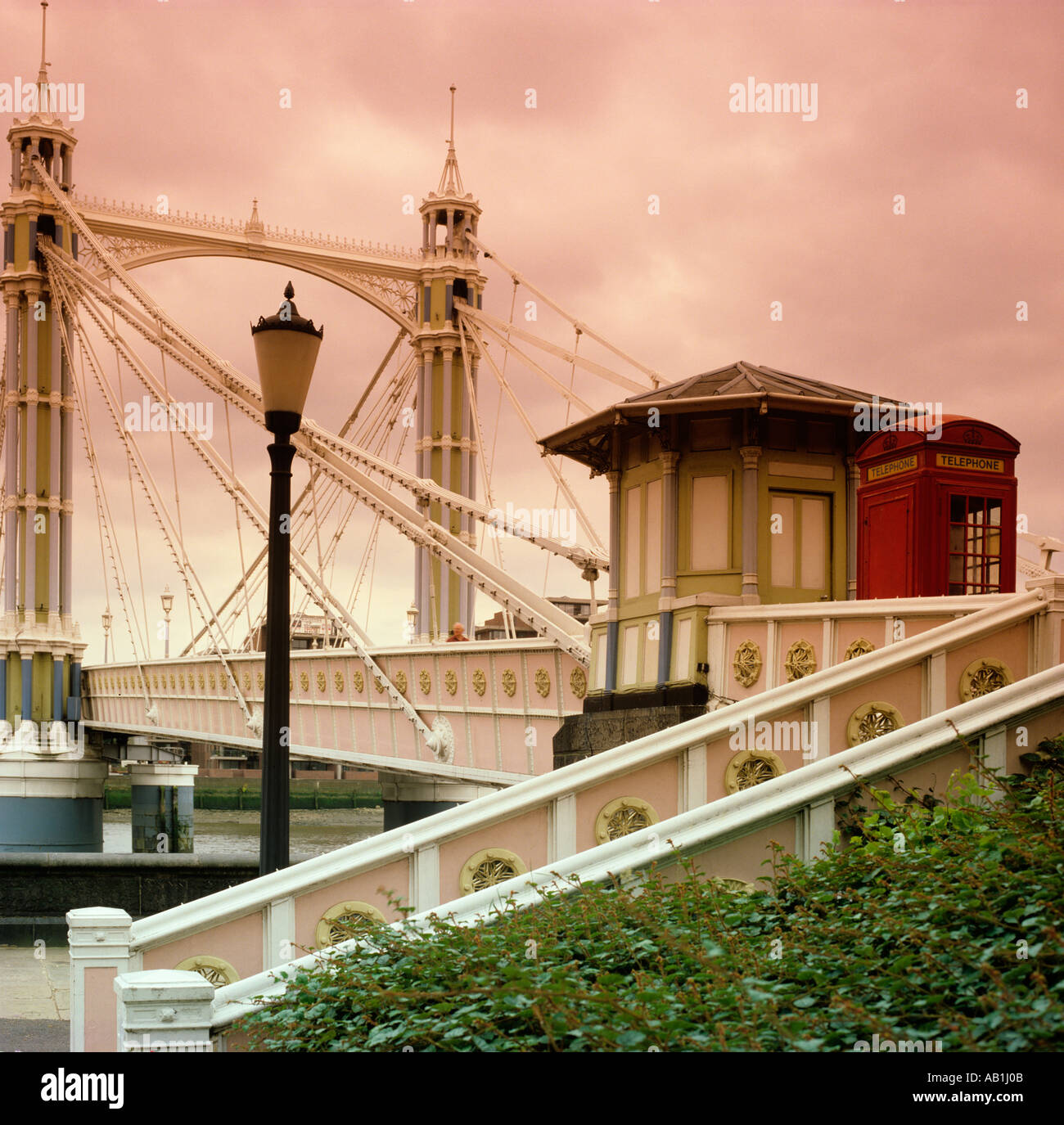 UK England London Chelsea Embankment Albert Bridge over River Thames ...