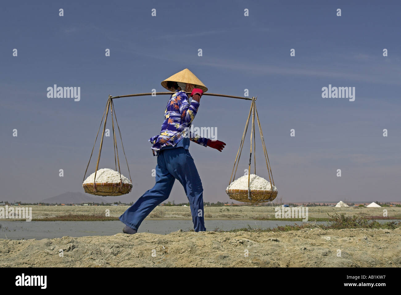 Woman in conical hat carries heavy wicker pannier baskets of salt ...