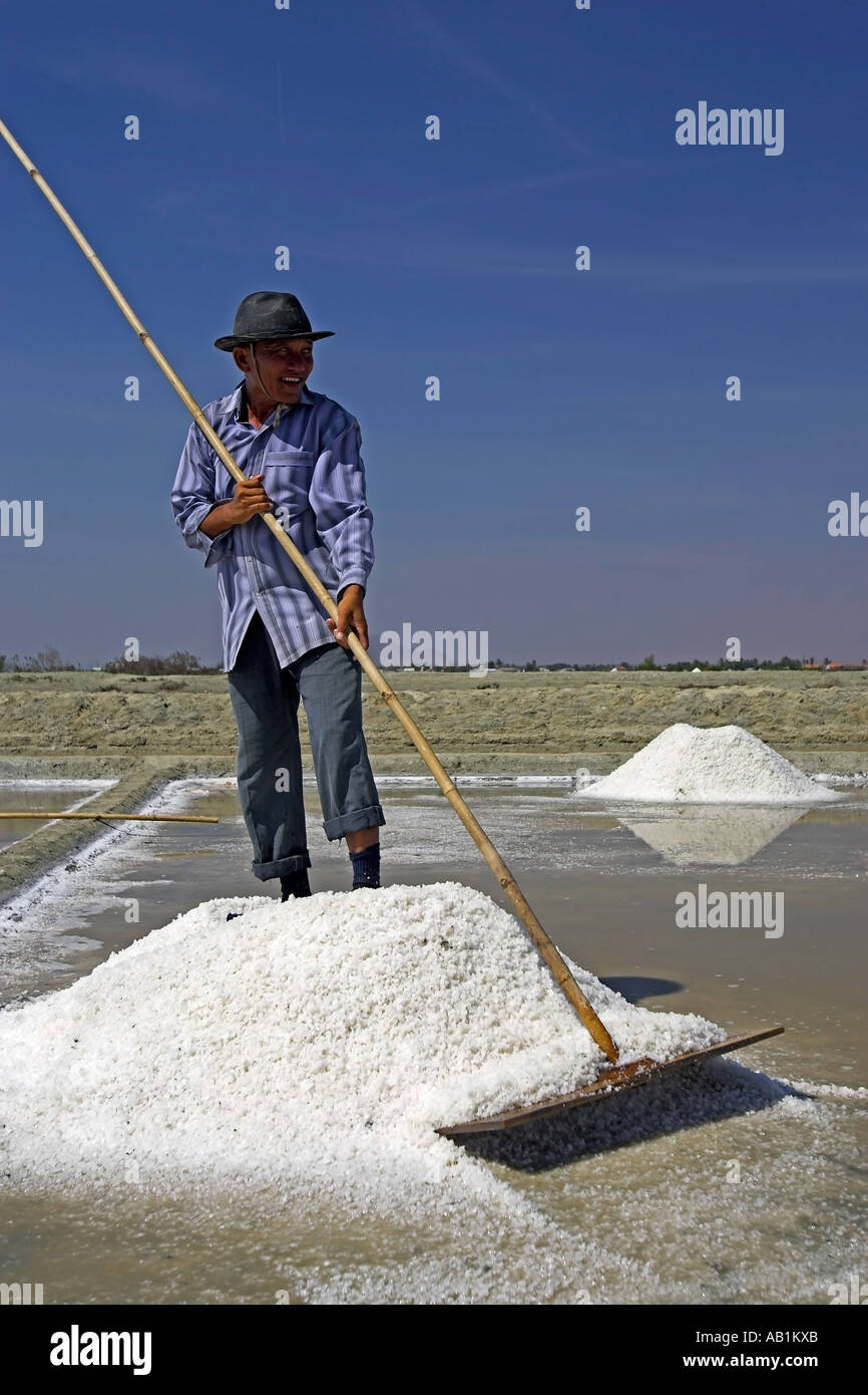 Man rakes loose salt into mound on surface of a salt pond Phan Thiet ...