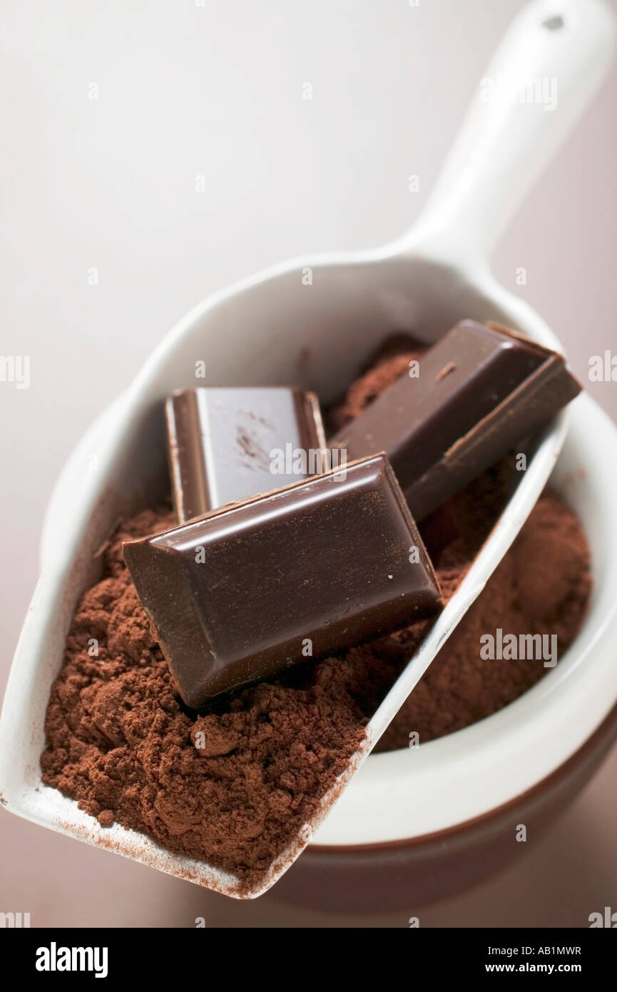 Pieces of chocolate and cocoa powder in scoop and bowl FoodCollection ...