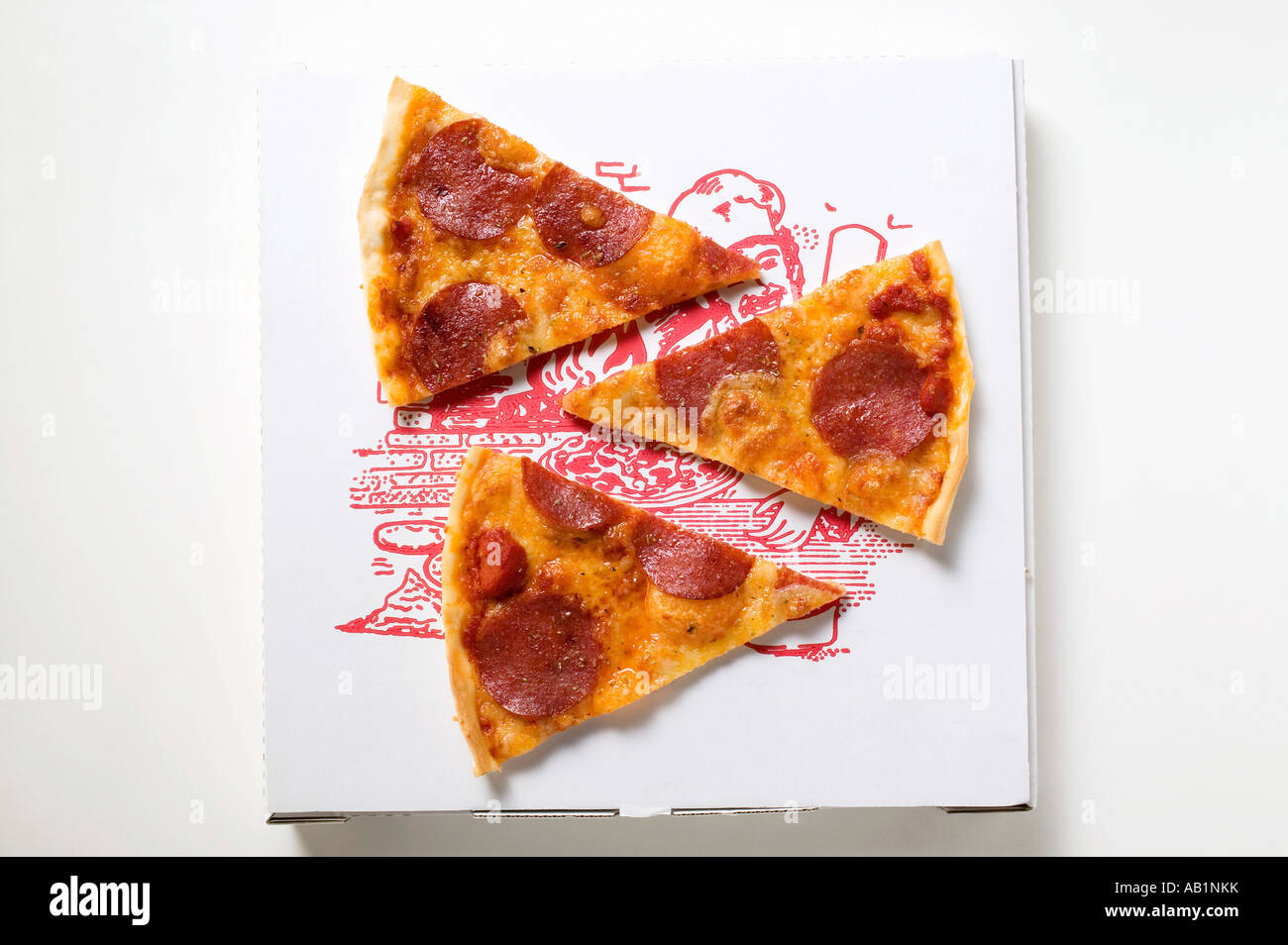 Three slices of pepperoni pizza on pizza box FoodCollection Stock Photo ...