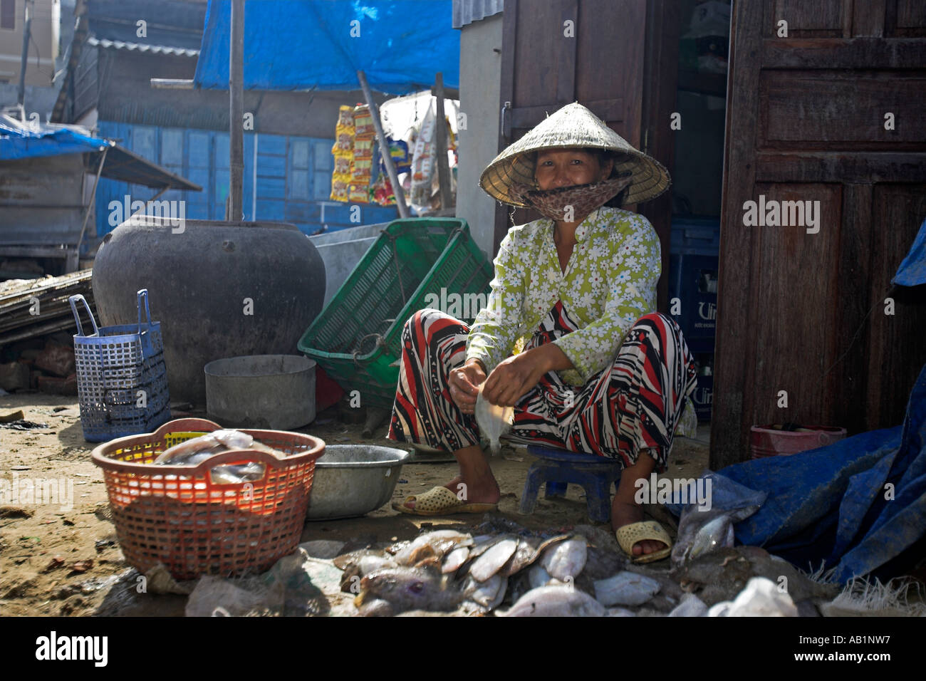 Woman in conical hat sitting cleaning fish Lang Chai fishing village ...