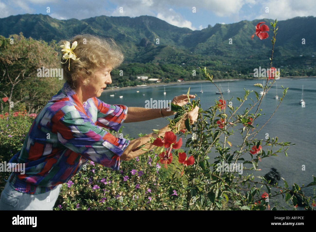 Rose Corser gardener in Taiohae Bay Nuku Hiva the Marquesas Islands ...