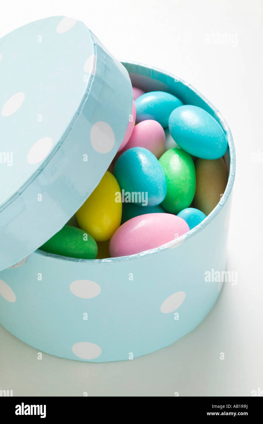Coloured sugared almonds in blue box FoodCollection Stock Photo - Alamy