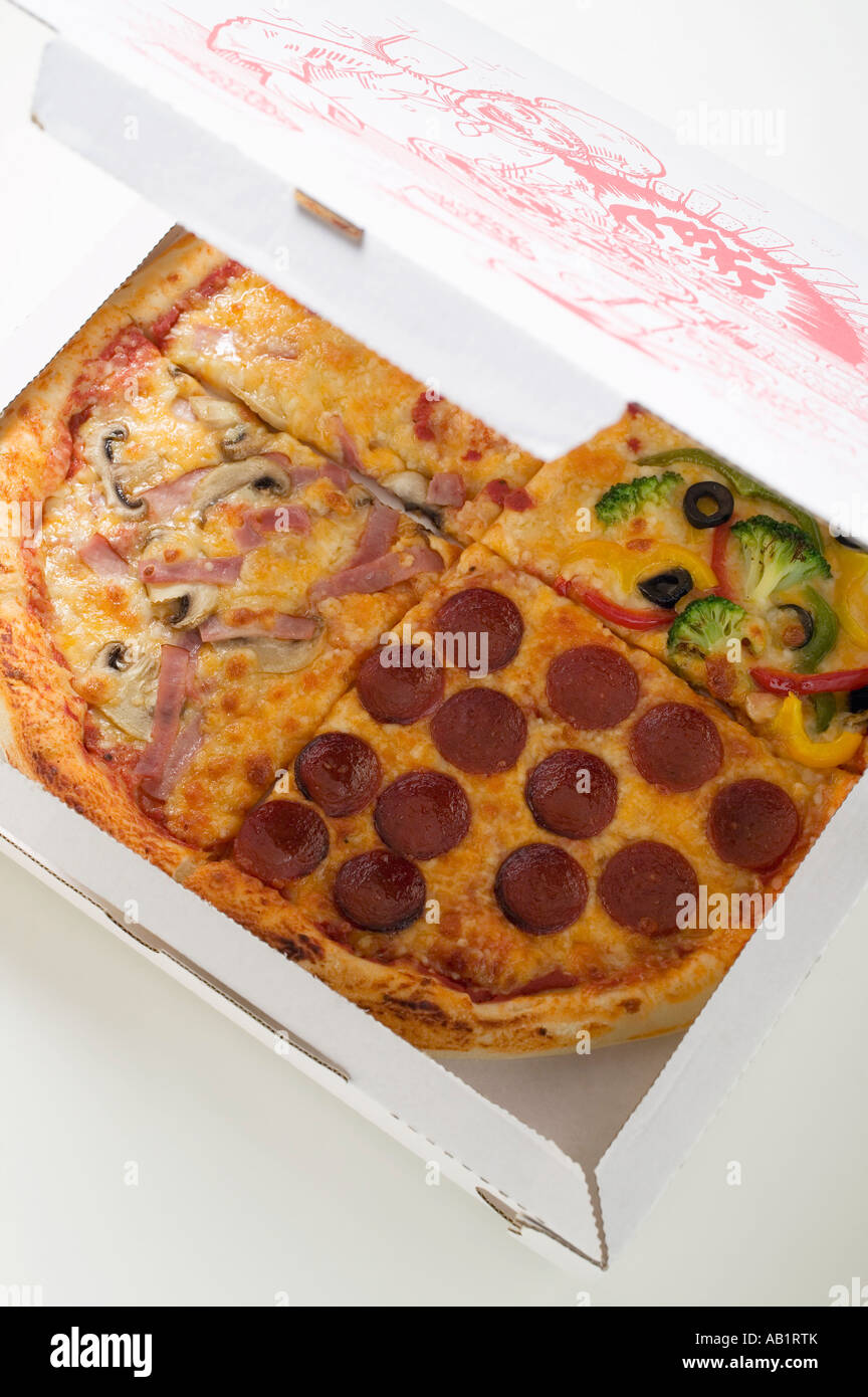 US style ham pepperoni vegetable pizza in quarters FoodCollection Stock ...