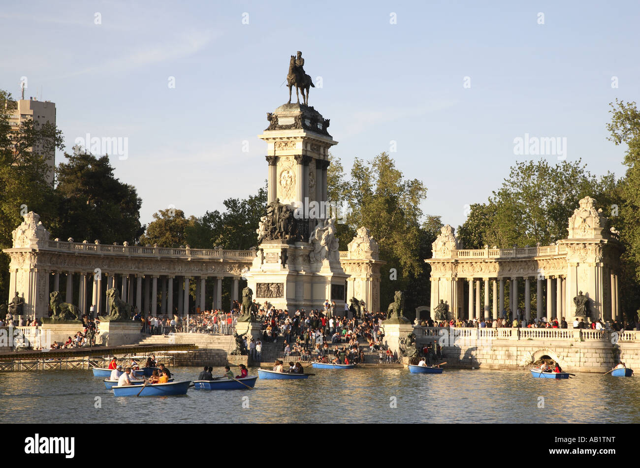 Monument to Alfonso XII (1922) by architect Jose Grases Riera with café ...