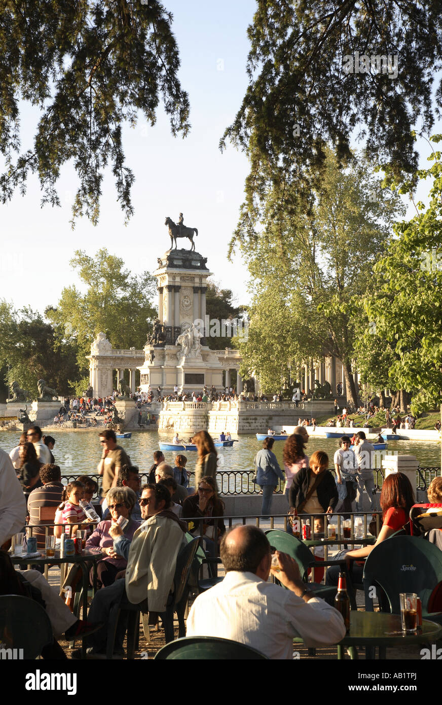 Monument to Alfonso XII (1922) by architect Jose Grases Riera with café ...