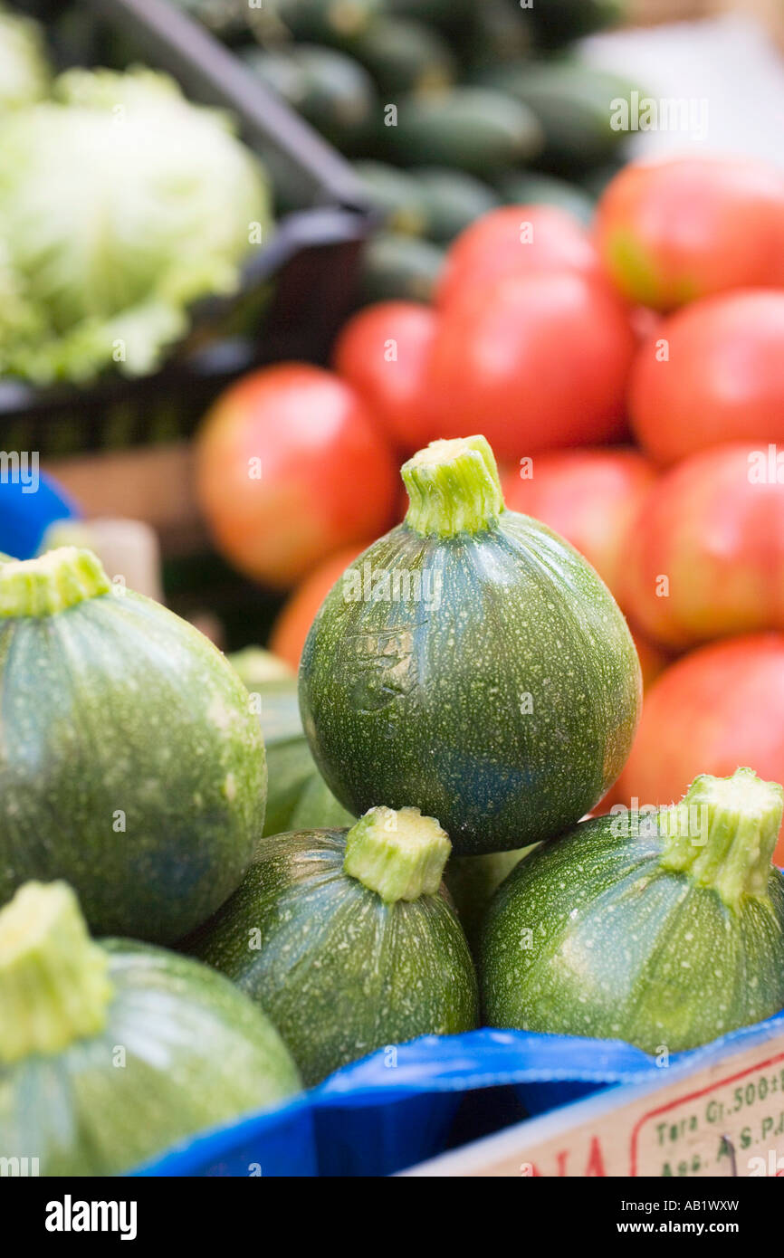 Rondini round courgettes in a crate at a market FoodCollection Stock ...