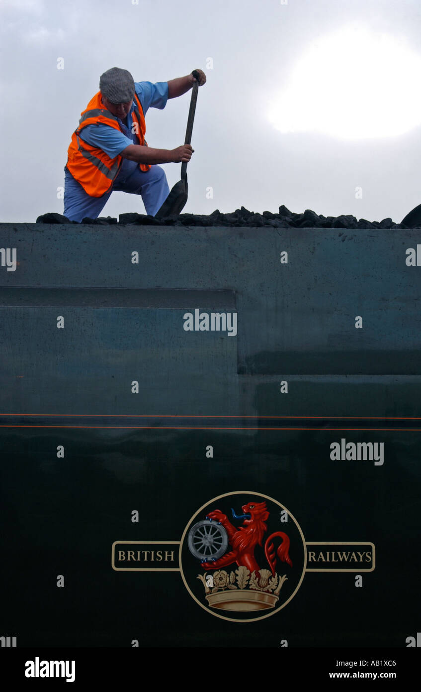 Loading coal on the Royal Wessex steam train Stock Photo - Alamy