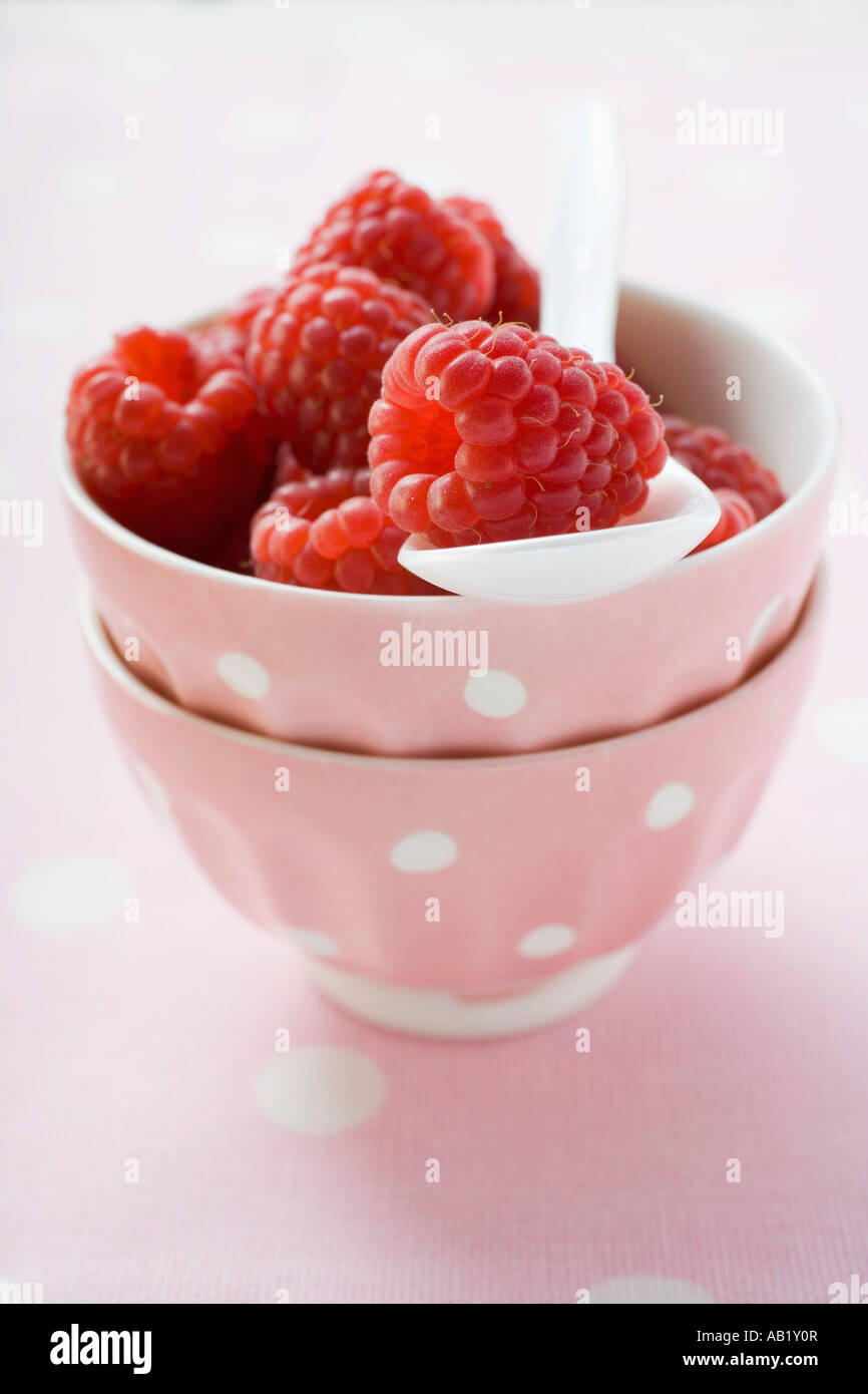 Raspberries in small pink bowl with spoon FoodCollection Stock Photo ...