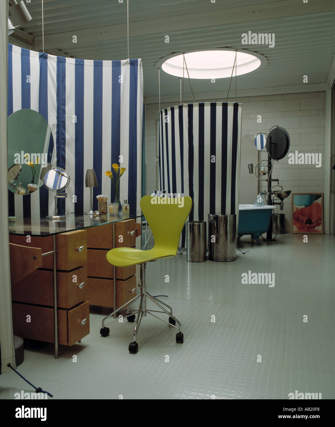 Blue+white striped screens around dressing table and lime-green chair ...